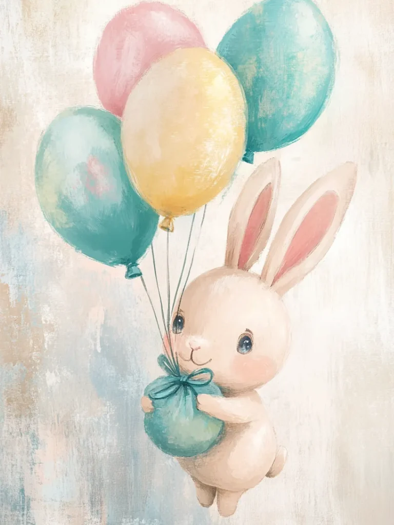 Animal Posters – Bunny with Balloons | Floating joy in soft colors