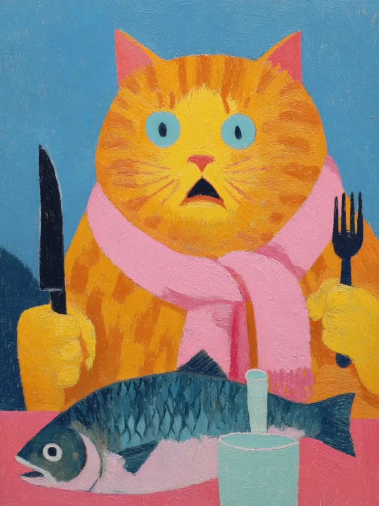 Animal Poster – Shocked Dinner Cat | wide eyes fish moment